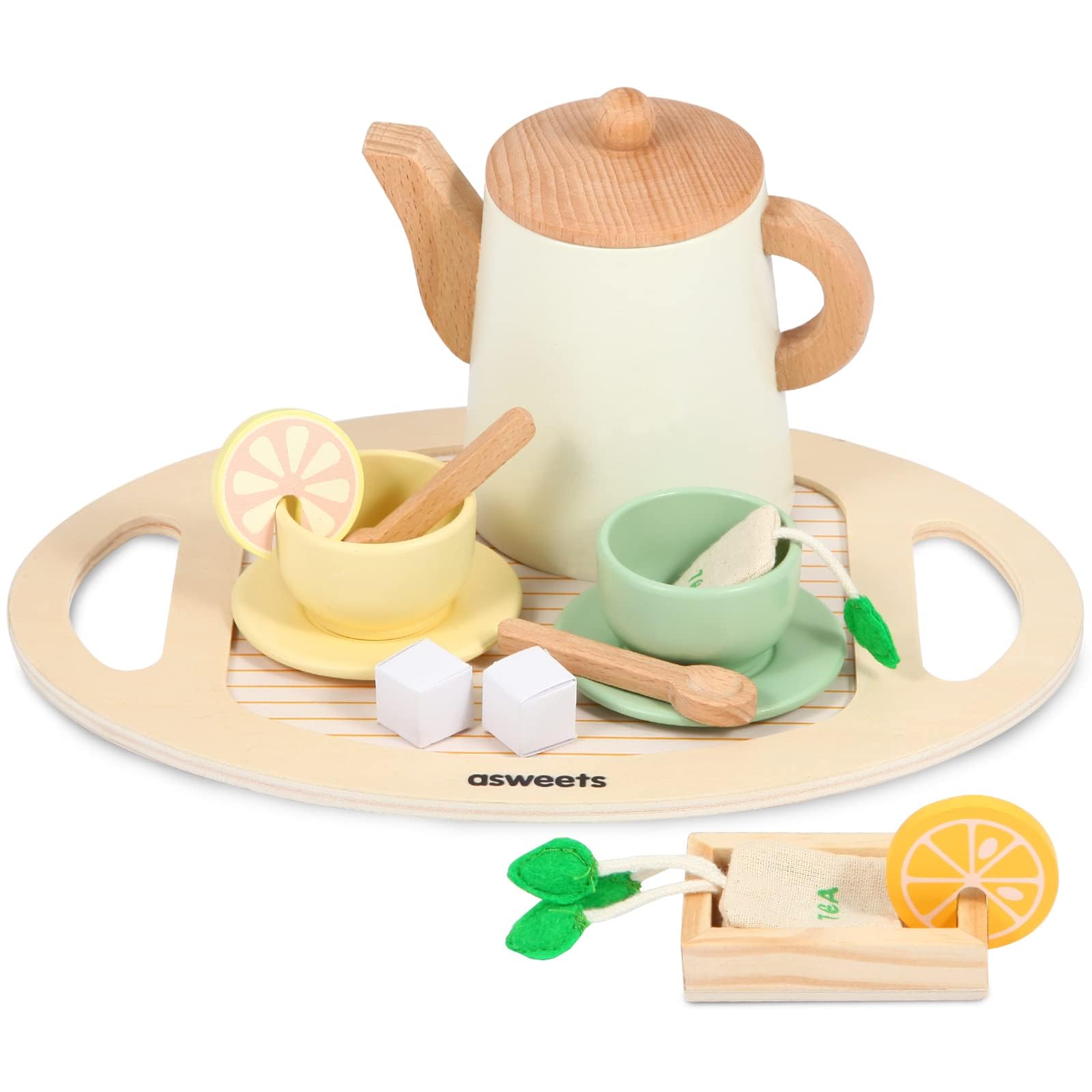 Asweets Wooden Tea Set for Little Girls,Tea Party Set Play Kitchen Accessories for Kid Playset Pretend Toddler Tea Set Toy