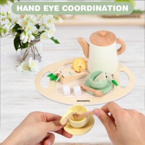 Asweets Wooden Tea Set for Little Girls,Tea Party Set Play Kitchen Accessories for Kid Playset Pretend Toddler Tea Set Toy