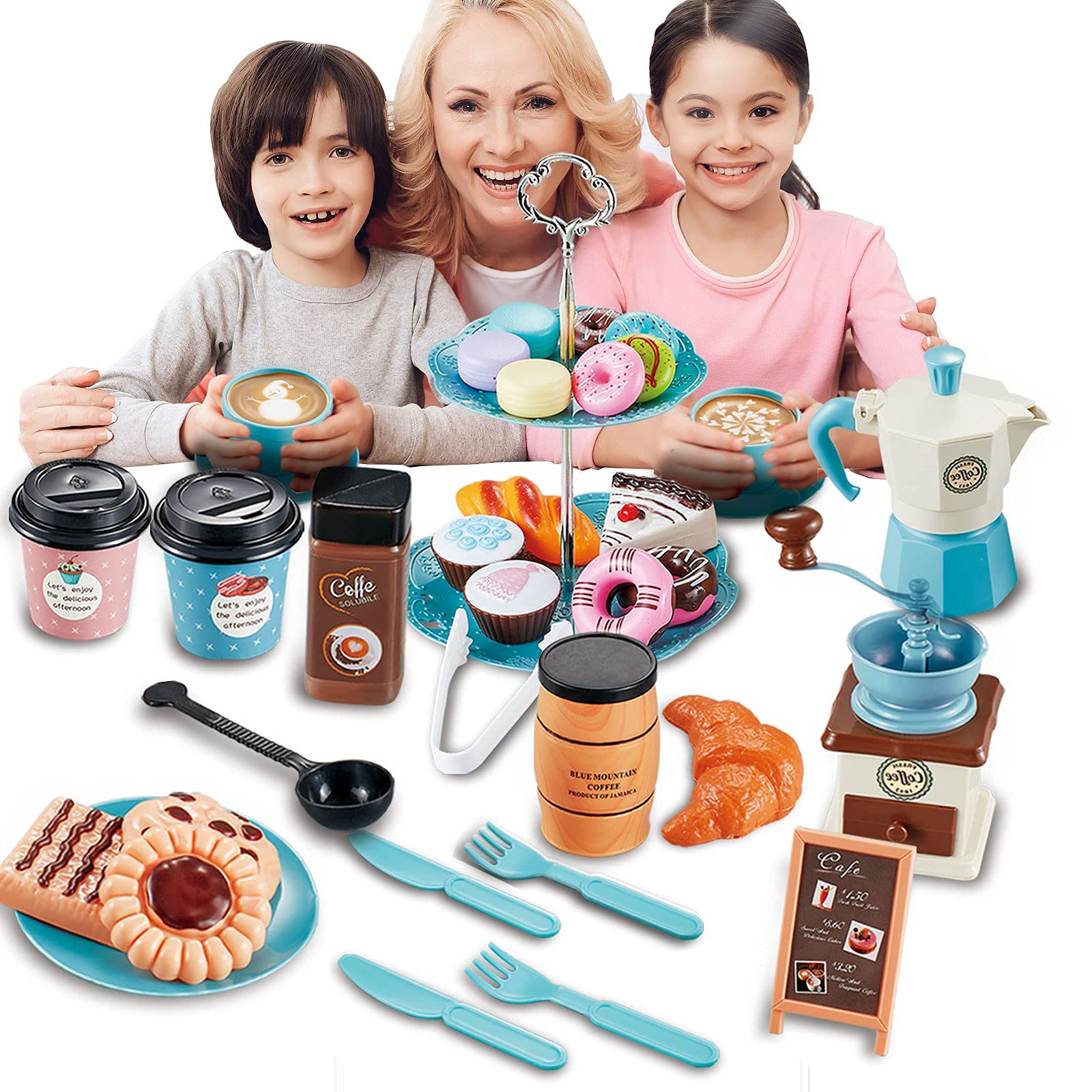 GIFTRRTOY Pretend Tea Party Set for Little Girls, 38 PCS Coffee Maker Set and Play Food Dessert Set for Kids age 3 4 5 6 7 8 9, Kids Kitchen Pretend Play for Princess Girls Boys