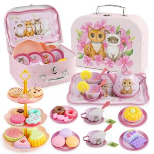 fudragtn tea party set for little girls, 50pcs kitchen pretend play tea set for toddlers 3-6, cat princess tea time toy with tin tea set, desserts, cake & carrying case, birthday gift for kids girls