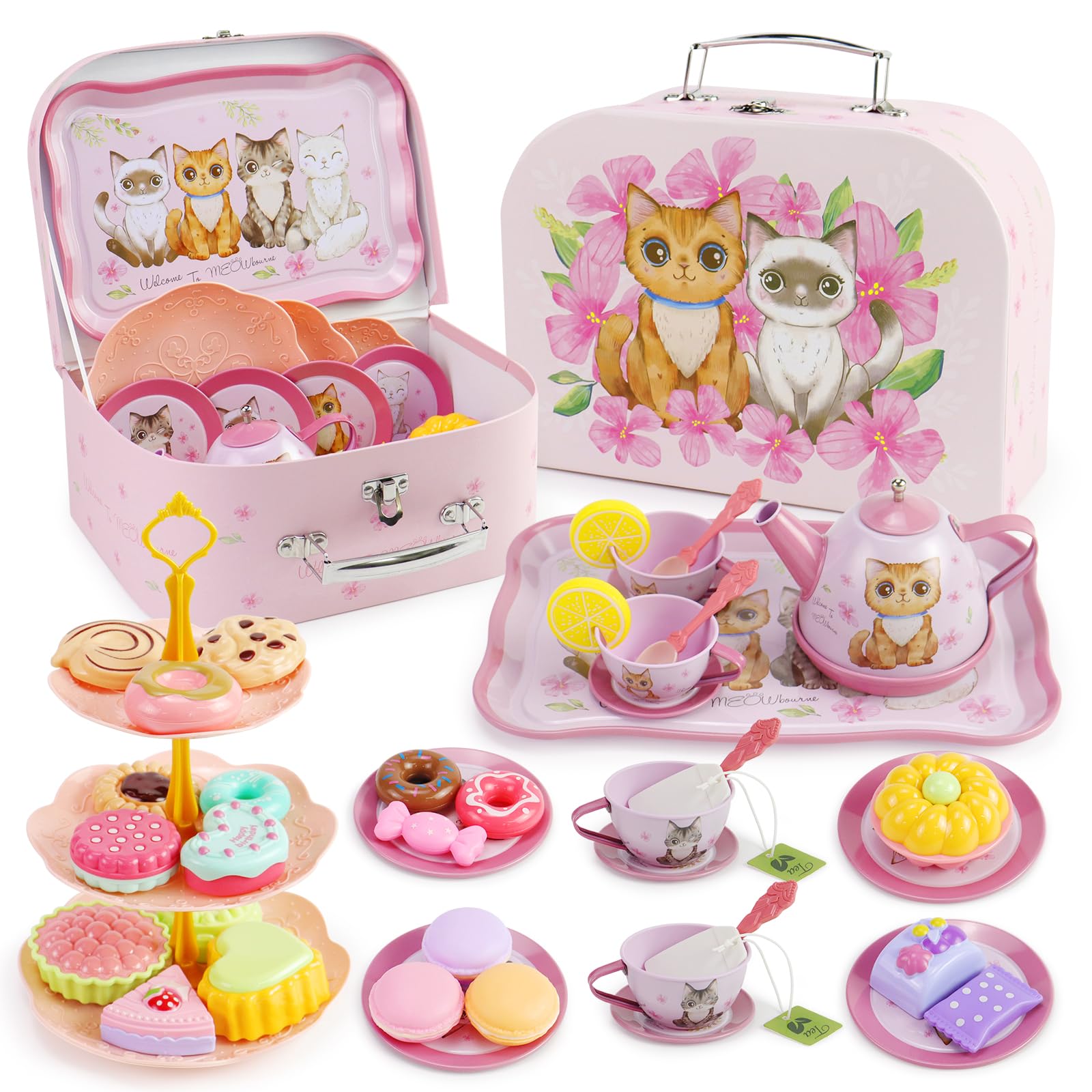 Fudragtn Tea Party Set for Little Girls, 50Pcs Kitchen Pretend Play Tea Set for Toddlers 3-6, Cat Princess Tea Time Toy with Tin Tea Set, Desserts, Cake & Carrying Case, Birthday Gift for Kids Girls