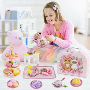 Fudragtn Tea Party Set for Little Girls, 50Pcs Kitchen Pretend Play Tea Set for Toddlers 3-6, Cat Princess Tea Time Toy with Tin Tea Set, Desserts, Cake & Carrying Case, Birthday Gift for Kids Girls