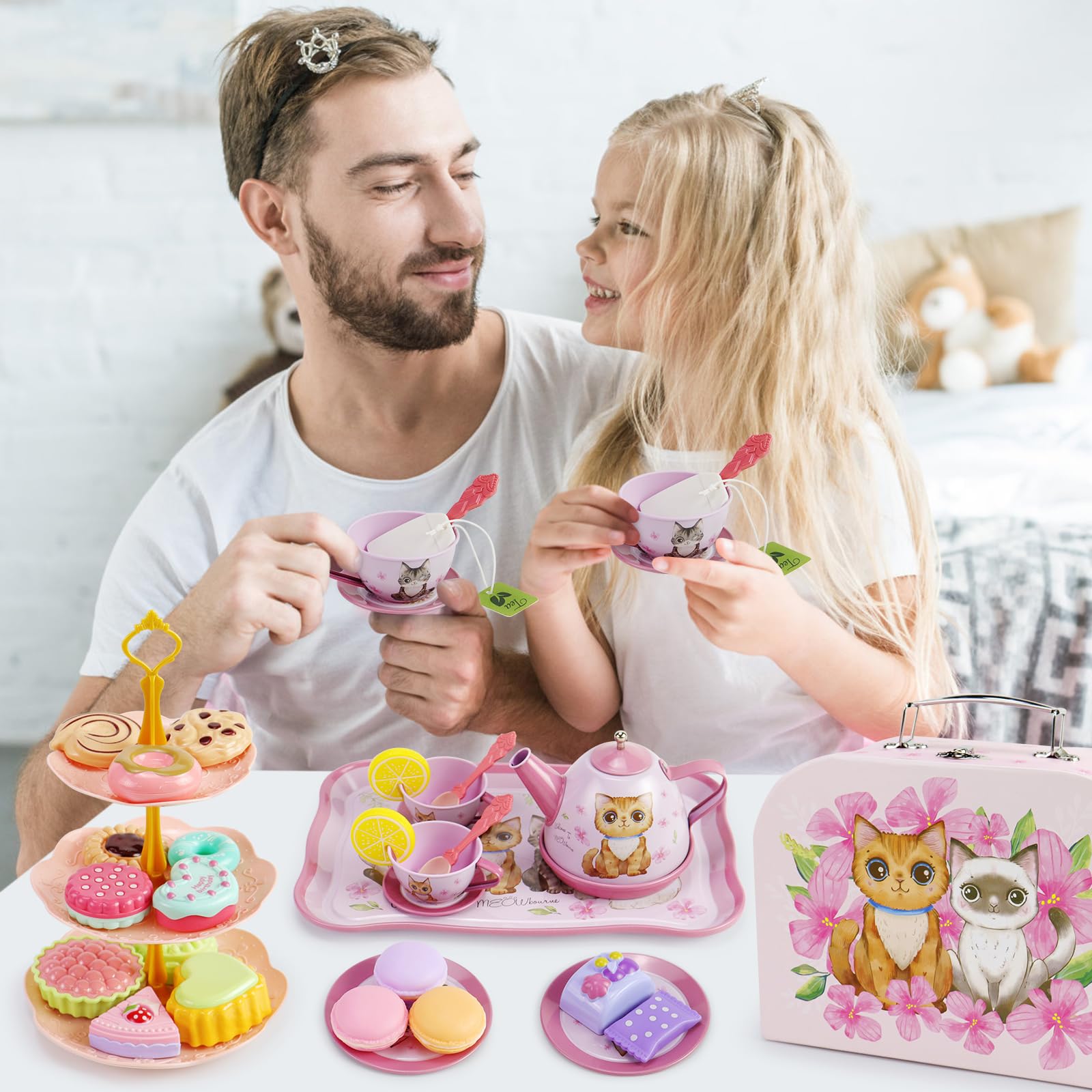 Fudragtn Tea Party Set for Little Girls, 50Pcs Kitchen Pretend Play Tea Set for Toddlers 3-6, Cat Princess Tea Time Toy with Tin Tea Set, Desserts, Cake & Carrying Case, Birthday Gift for Kids Girls