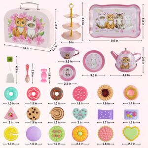 Fudragtn Tea Party Set for Little Girls, 50Pcs Kitchen Pretend Play Tea Set for Toddlers 3-6, Cat Princess Tea Time Toy with Tin Tea Set, Desserts, Cake & Carrying Case, Birthday Gift for Kids Girls