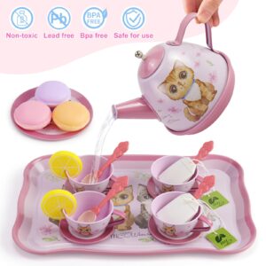 Fudragtn Tea Party Set for Little Girls, 50Pcs Kitchen Pretend Play Tea Set for Toddlers 3-6, Cat Princess Tea Time Toy with Tin Tea Set, Desserts, Cake & Carrying Case, Birthday Gift for Kids Girls