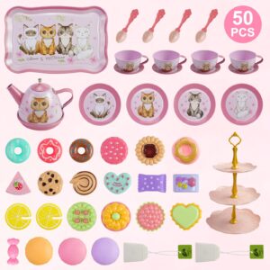 Fudragtn Tea Party Set for Little Girls, 50Pcs Kitchen Pretend Play Tea Set for Toddlers 3-6, Cat Princess Tea Time Toy with Tin Tea Set, Desserts, Cake & Carrying Case, Birthday Gift for Kids Girls