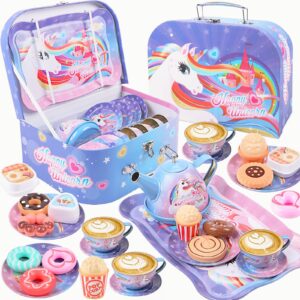 golray tea party set for toddlers girls toys, unicorn gift for 3 4 5 6 years old, tin tea set & carrying case & food treats playset, kids kitchen pretend play for age 3-6 girls birthday gift idea