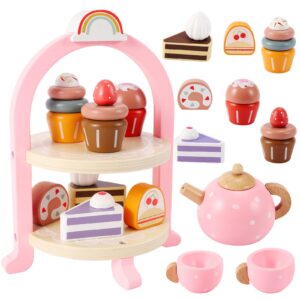 hyakids wooden cake play food set toy, tea party set for toddler, with cake stand, pretend play kitchen toys for kids