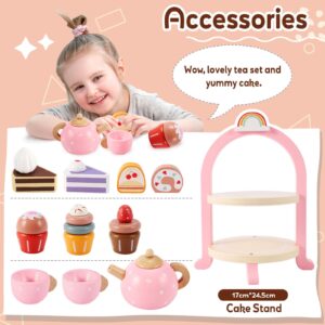 HYAKIDS Wooden Cake Play Food Set Toy, Tea Party Set for Toddler, with Cake Stand, Pretend Play Kitchen Toys for Kids