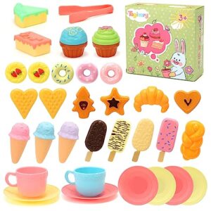 tagitary tea party set for little girls, 32 pcs toys tea set kids pretend play toys, including dessert, ice cream, donuts, cups &plates, princess tea time play food toy birthday gift for toddlers