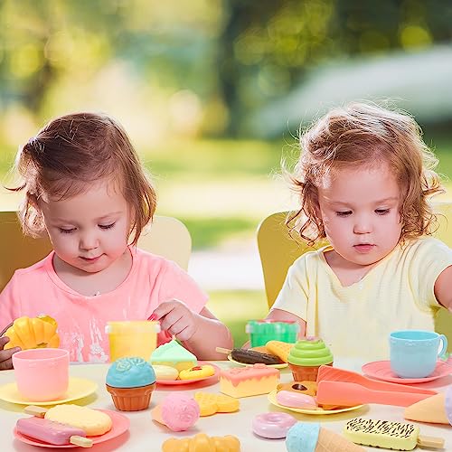 Tagitary Tea Party Set for Little Girls, 32 PCS Toys Tea Set Kids Pretend Play Toys, Including Dessert, Ice Cream, Donuts, Cups &Plates, Princess Tea Time Play Food Toy Birthday Gift for Toddlers