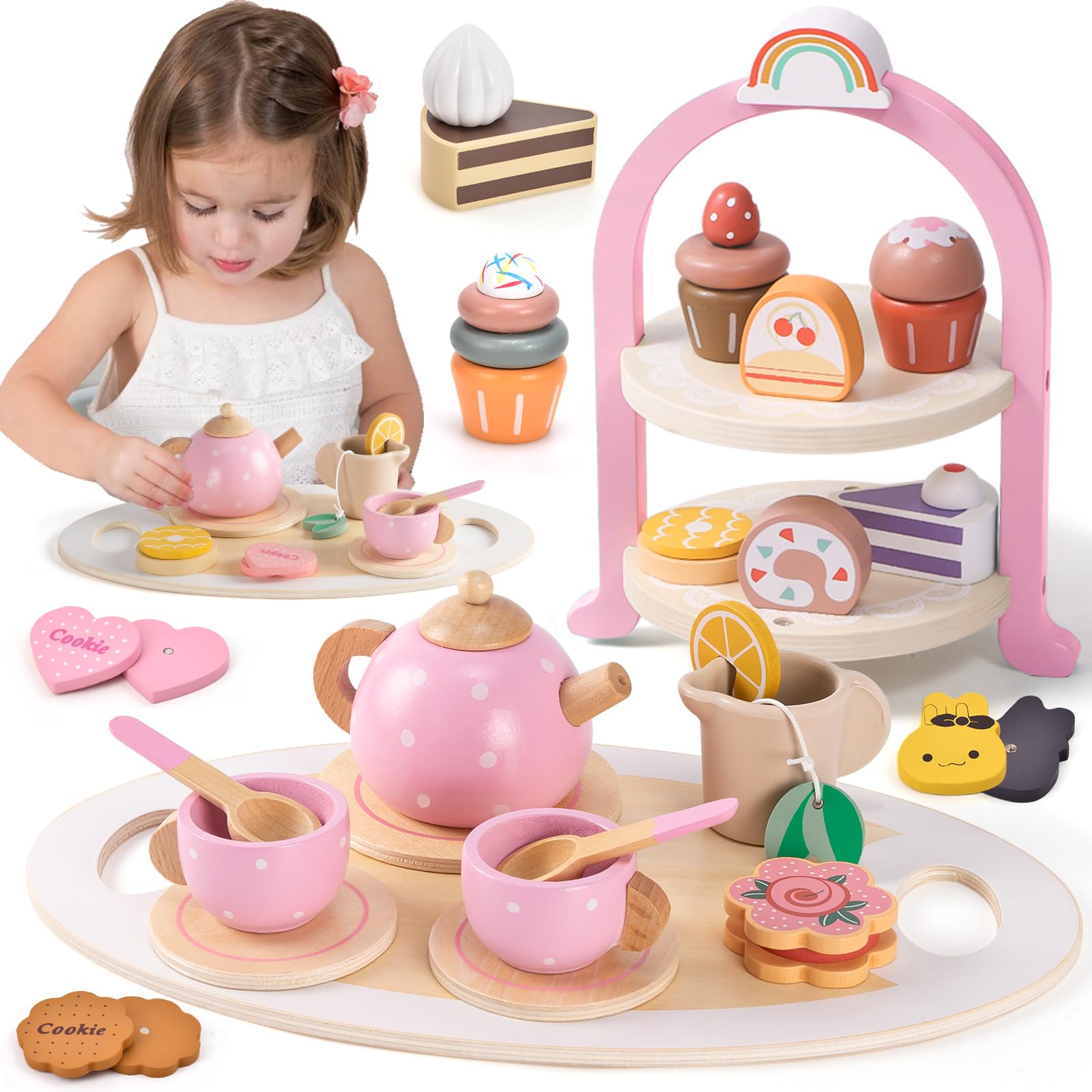 Atoylink Wooden Tea Party Set for Little Girls Toys Kids Play Kitchen Toddler Tea Set with Play Food & Cupcake Stand Pretend Play Wooden Toys for 2 3 4 5 6 Year Old Girl Christmas Birthday Gift