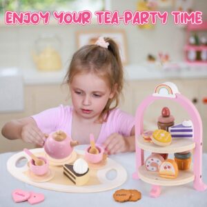 Atoylink Wooden Tea Party Set for Little Girls Toys Kids Play Kitchen Toddler Tea Set with Play Food & Cupcake Stand Pretend Play Wooden Toys for 2 3 4 5 6 Year Old Girl Christmas Birthday Gift