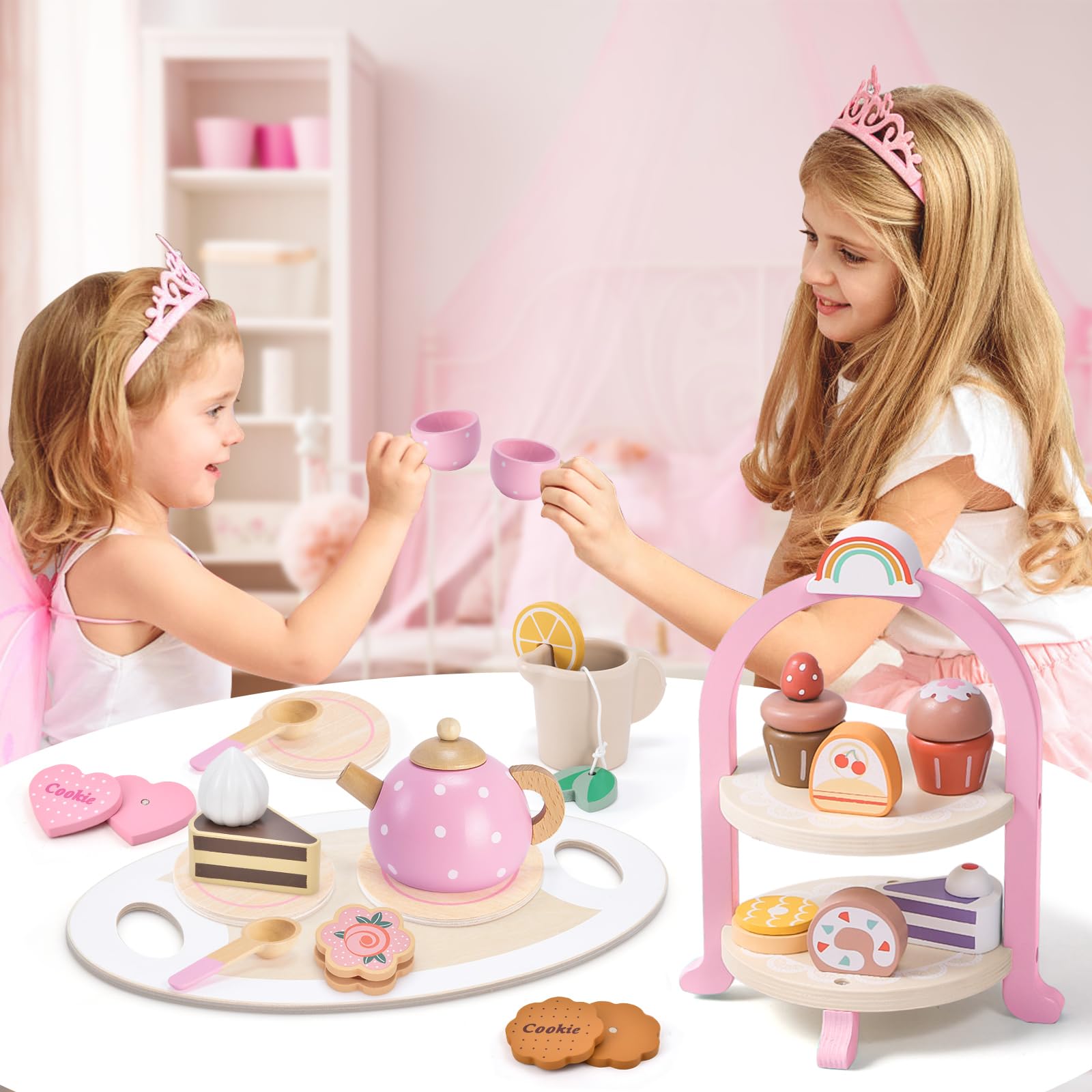 Atoylink Wooden Tea Party Set for Little Girls Toys Kids Play Kitchen Toddler Tea Set with Play Food & Cupcake Stand Pretend Play Wooden Toys for 2 3 4 5 6 Year Old Girl Christmas Birthday Gift