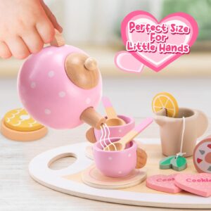 Atoylink Wooden Tea Party Set for Little Girls Toys Kids Play Kitchen Toddler Tea Set with Play Food & Cupcake Stand Pretend Play Wooden Toys for 2 3 4 5 6 Year Old Girl Christmas Birthday Gift