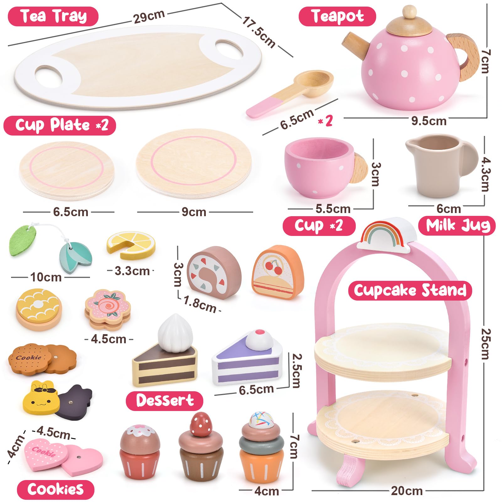 Atoylink Wooden Tea Party Set for Little Girls Toys Kids Play Kitchen Toddler Tea Set with Play Food & Cupcake Stand Pretend Play Wooden Toys for 2 3 4 5 6 Year Old Girl Christmas Birthday Gift