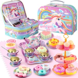 efubaby 47pcs tea party set for little girls, unicorn tea set toys including teapot cups dessert plates & carrying case, kids toys for tea party supplies kitchen pretend play for girls boys age 3-12