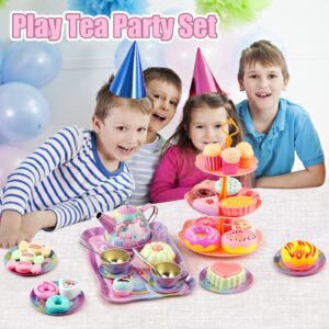 efubaby 47PCS Tea Party Set for Little Girls, Unicorn Tea Set Toys Including Teapot Cups Dessert Plates & Carrying Case, Kids Toys for Tea Party Supplies Kitchen Pretend Play for Girls Boys Age 3-12