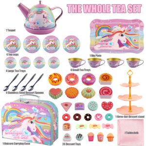 efubaby 47PCS Tea Party Set for Little Girls, Unicorn Tea Set Toys Including Teapot Cups Dessert Plates & Carrying Case, Kids Toys for Tea Party Supplies Kitchen Pretend Play for Girls Boys Age 3-12