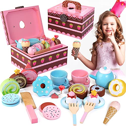 Lawcephun Wooden Tea Party Set for Little Girls, 30pcs Princess Tea Set Toy for Pretend Play, Montessori Toys for Toddlers Age 3-6, Birthday Gifts for Girls & Boys