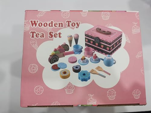 Lawcephun Wooden Tea Party Set for Little Girls, 30pcs Princess Tea Set Toy for Pretend Play, Montessori Toys for Toddlers Age 3-6, Birthday Gifts for Girls & Boys