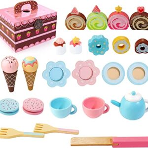 Lawcephun Wooden Tea Party Set for Little Girls, 30pcs Princess Tea Set Toy for Pretend Play, Montessori Toys for Toddlers Age 3-6, Birthday Gifts for Girls & Boys