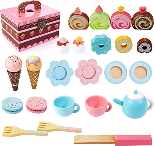 Lawcephun Wooden Tea Party Set for Little Girls, 30pcs Princess Tea Set Toy for Pretend Play, Montessori Toys for Toddlers Age 3-6, Birthday Gifts for Girls & Boys