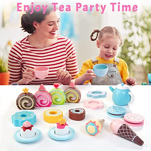 Lawcephun Wooden Tea Party Set for Little Girls, 30pcs Princess Tea Set Toy for Pretend Play, Montessori Toys for Toddlers Age 3-6, Birthday Gifts for Girls & Boys