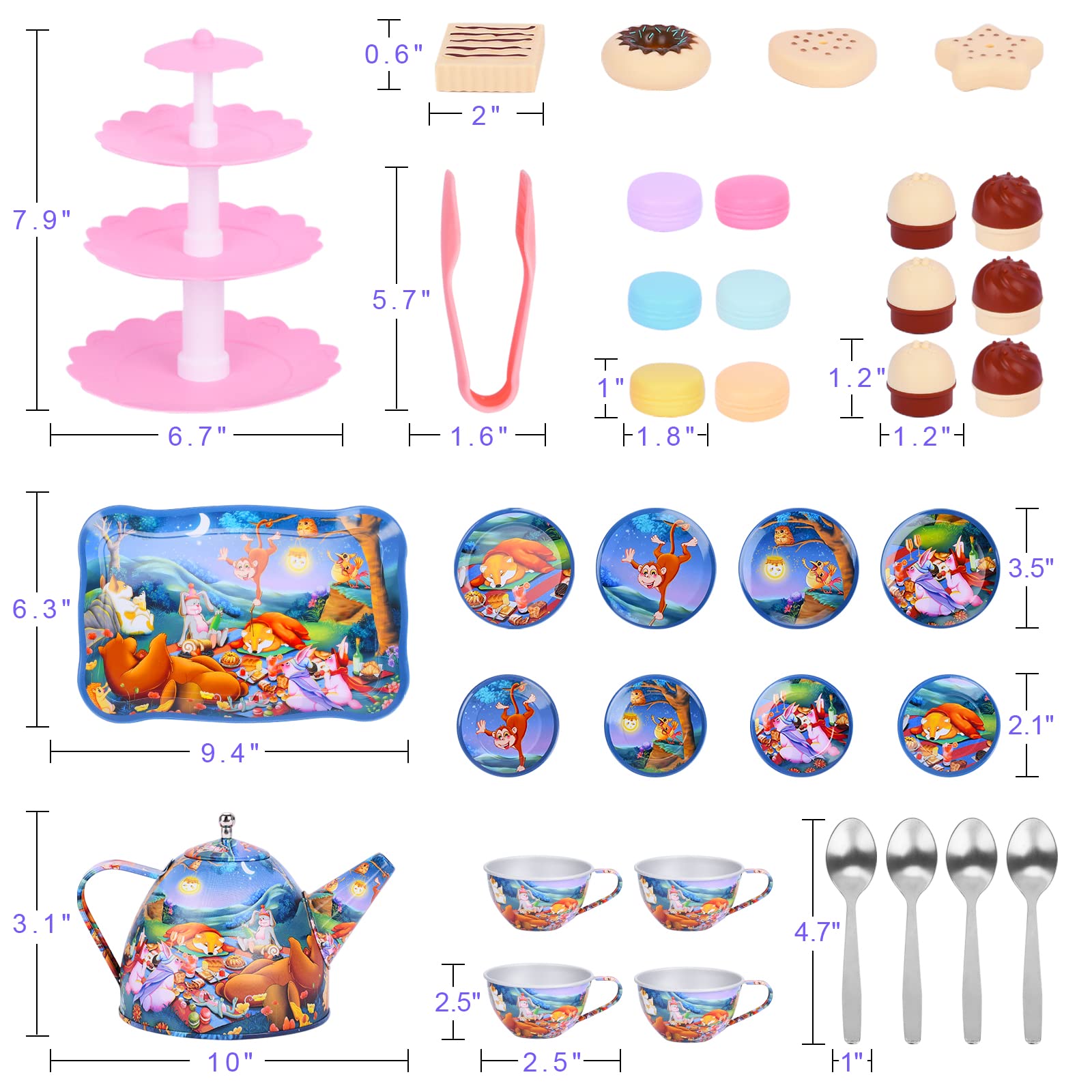 SIVEIS Tea Party Set for Little Girls Boys, 36pcs Kids Tea Toy Set for 3-8 Years Old Afternoon Tea Time, Include Blue Forest Animal Party Pattern Tin Teapot & Cup with Spoon, Dessert Tower,Play Food