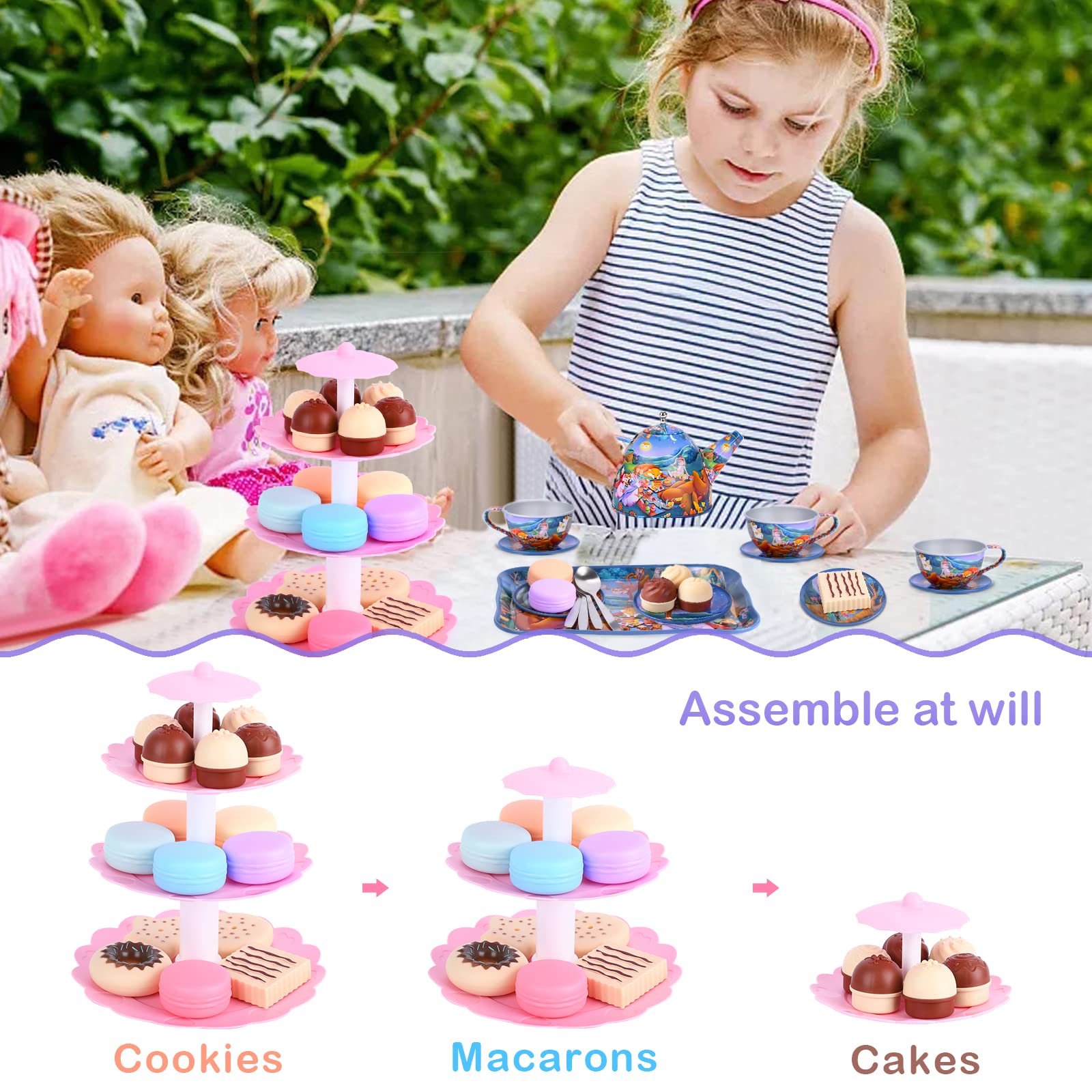 SIVEIS Tea Party Set for Little Girls Boys, 36pcs Kids Tea Toy Set for 3-8 Years Old Afternoon Tea Time, Include Blue Forest Animal Party Pattern Tin Teapot & Cup with Spoon, Dessert Tower,Play Food