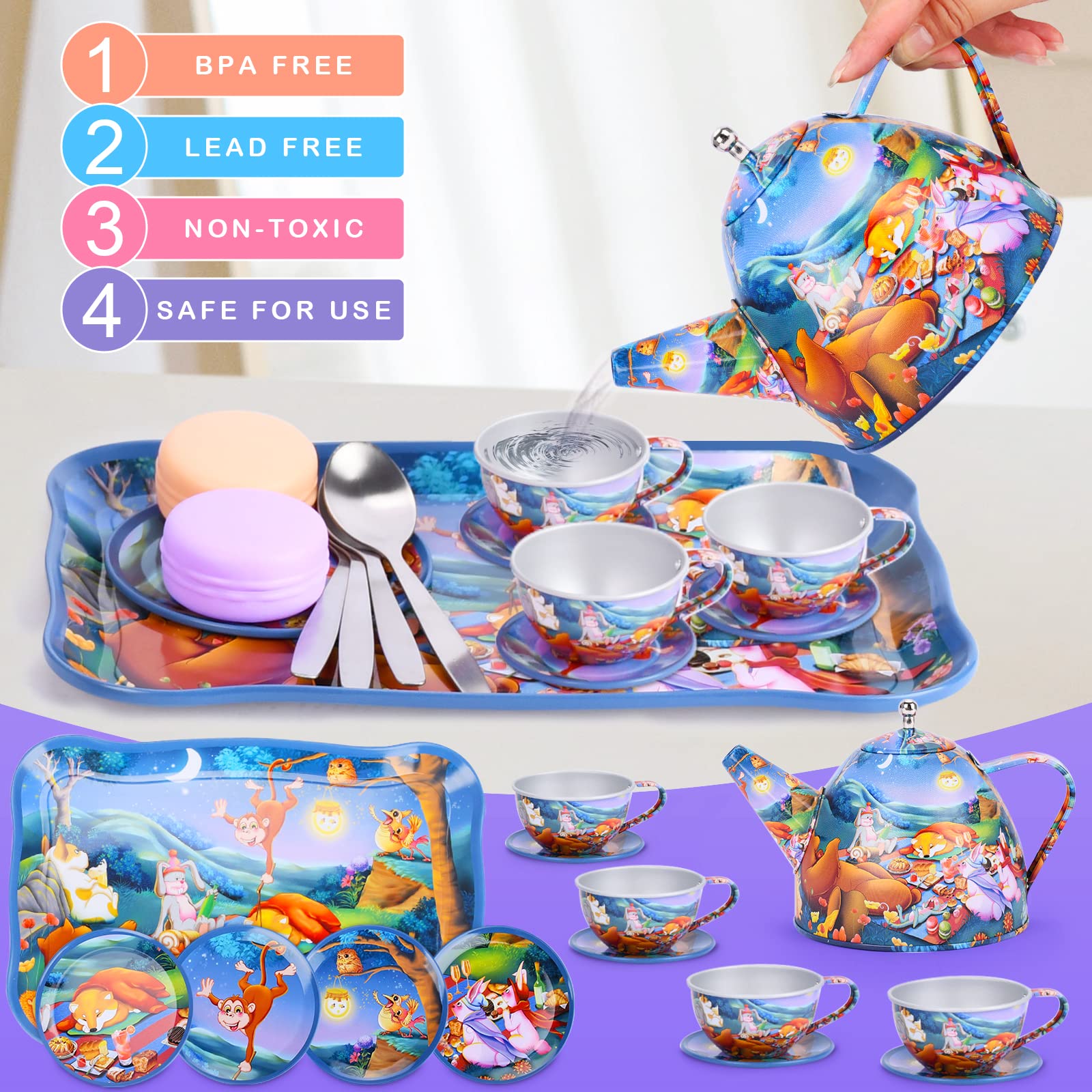 SIVEIS Tea Party Set for Little Girls Boys, 36pcs Kids Tea Toy Set for 3-8 Years Old Afternoon Tea Time, Include Blue Forest Animal Party Pattern Tin Teapot & Cup with Spoon, Dessert Tower,Play Food