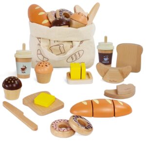 pairpear wooden bakery toy food playset,kids pretend play food kitchen accessories with shopping bag,toddlers cutting food gift for boys and girls 3 years and up