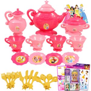 disney princess playset dinnerware set - plastic princess pretend play tea time play set for girls kids toddlers with disney princess stickers and more