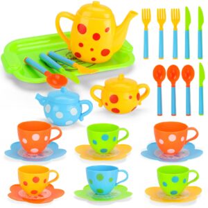 pretend play toy tea set for little girls, kids role play tea toy party set, 28pc plastic afternoon tea time playset with teapot, cup, knife, fork, spoon, saucer, serve tray.