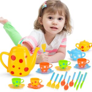 Pretend Play Toy Tea Set for Little Girls, Kids Role Play Tea Toy Party Set, 28pc Plastic Afternoon Tea Time Playset with Teapot, Cup, Knife, Fork, Spoon, Saucer, Serve Tray.