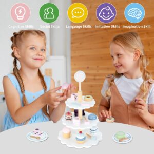 Wooden Tea Party Set for Little Girls, Ehome Princess Tea Time Toy Including Dessert Tray Cake, 22pcs Kids Dessert Toys Pretend Play for Girls Boys Age 3-6