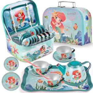 lajeje mermaid tea party set for little girls, kids party set toys for 3 4 5 6 year old girls, pretend toy tin tea set & carrying case, princess tea time kitchen play toys, birthday gifts for girls