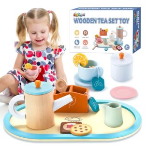 shylizard wooden tea set for little girls, ,toddlers tea set, princess tea party set for girls, toys for 3 4 5 6 years girls, christmas birthday gifts for girls, kitchen accessories toy, 17pcs