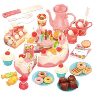 kaekid birthday cake toy pretend play tea set with lights & music, diy cutting play food with bread roll, chocolate, sandy & dessert, gift for girls boys 3 4 5 years old (82 pcs)