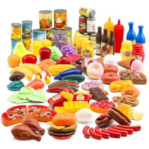 jaxojoy 122 piece pretend play food set for kids - toy food for kids kitchen set, pretend play kitchen food, kids kitchen accessories set