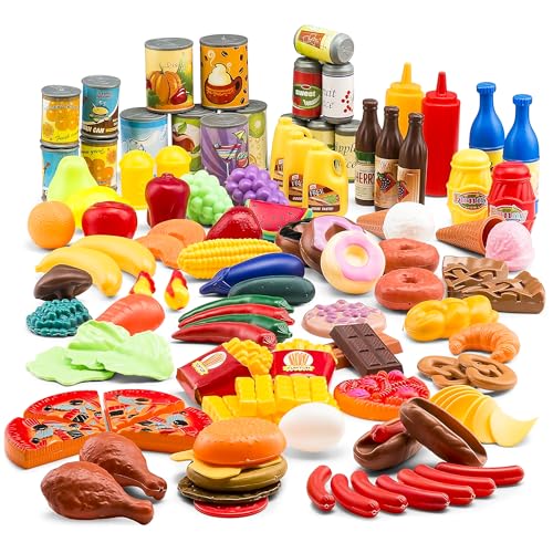 Jaxojoy 122 Piece Pretend Play Food Set for Kids - Toy Food for Kids Kitchen Set, Pretend Play Kitchen Food, Kids Kitchen Accessories Set