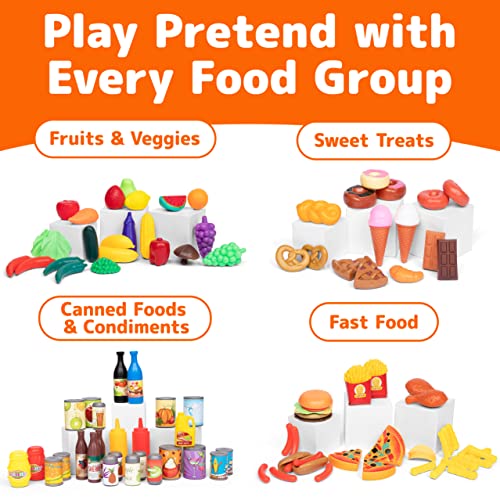 Jaxojoy 122 Piece Pretend Play Food Set for Kids - Toy Food for Kids Kitchen Set, Pretend Play Kitchen Food, Kids Kitchen Accessories Set