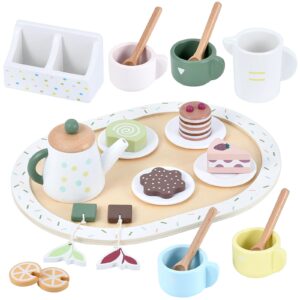 whoholl wooden tea party set for little girls play food, toddler girl toys play kitchen accessories with teapot tea cup dessert toys 4 set playset- pretend play set for toddlers 1 2 3 5