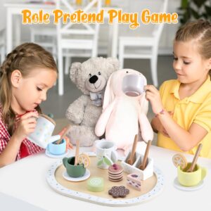 WHOHOLL Wooden Tea Party Set for Little Girls Play Food, Toddler Girl Toys Play Kitchen Accessories with Teapot Tea Cup Dessert Toys 4 Set Playset- Pretend Play Set for Toddlers 1 2 3 5