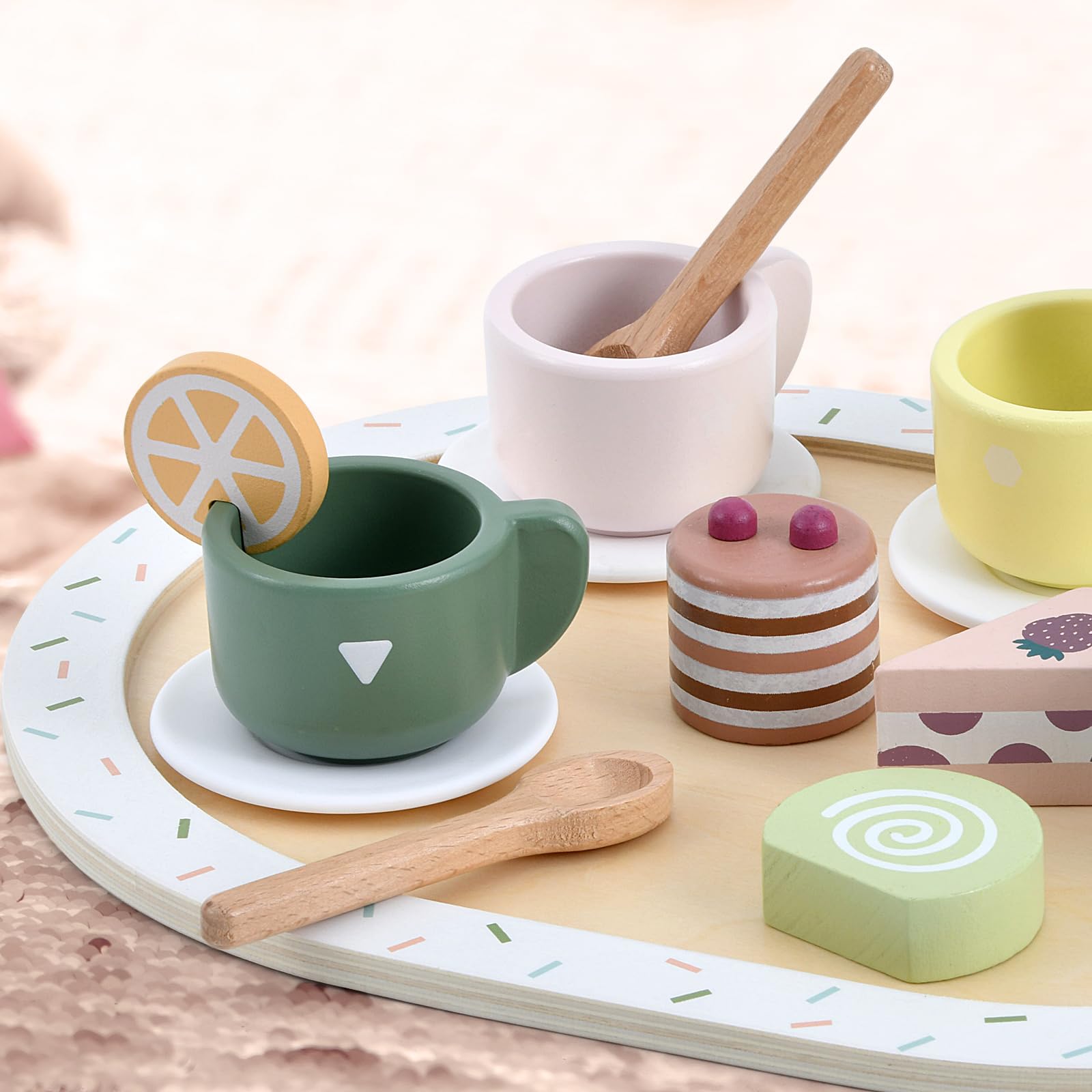 WHOHOLL Wooden Tea Party Set for Little Girls Play Food, Toddler Girl Toys Play Kitchen Accessories with Teapot Tea Cup Dessert Toys 4 Set Playset- Pretend Play Set for Toddlers 1 2 3 5