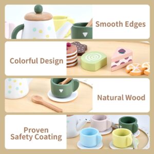 WHOHOLL Wooden Tea Party Set for Little Girls Play Food, Toddler Girl Toys Play Kitchen Accessories with Teapot Tea Cup Dessert Toys 4 Set Playset- Pretend Play Set for Toddlers 1 2 3 5