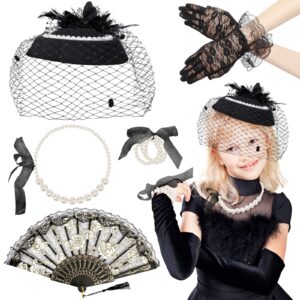 rgishop 5 pcs girls tea party supplies,kids tea party favors set for little girls with black hat lace gloves folding fan necklace bracelet for kids tea party decor costume accessories