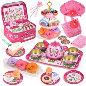 toylink kids tea party set for little girls princess toys 47pcs tin tea set food dessert playset carring box kitchen pretend play toy for 3 4 5 6 years toddler girls birthday gift