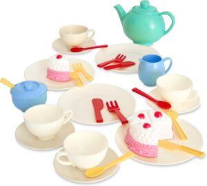 casdon 36-piece tea set - colorful toy playset with teapot, milk jug, cups & saucers, cake, & more - suitable for preschool toys - playset for children aged 3+