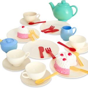 Casdon 36-Piece Tea Set - Colorful Toy Playset with Teapot, Milk Jug, Cups & Saucers, Cake, & More - Suitable for Preschool Toys - Playset for Children Aged 3+